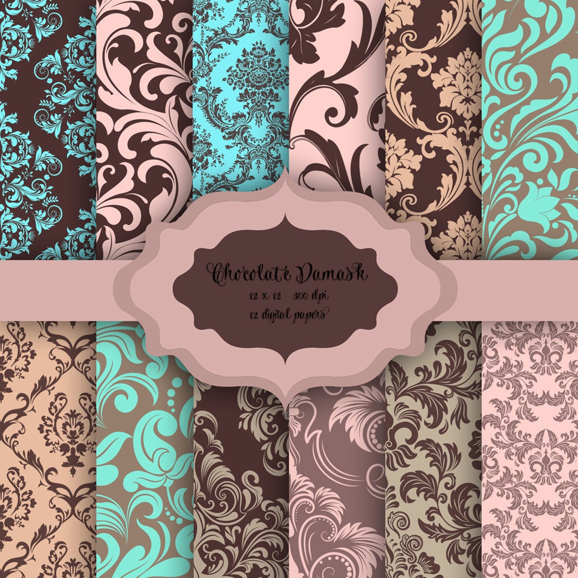 12 Chocolate Damask Digital Papers Floral Damask Pattern | Etsy