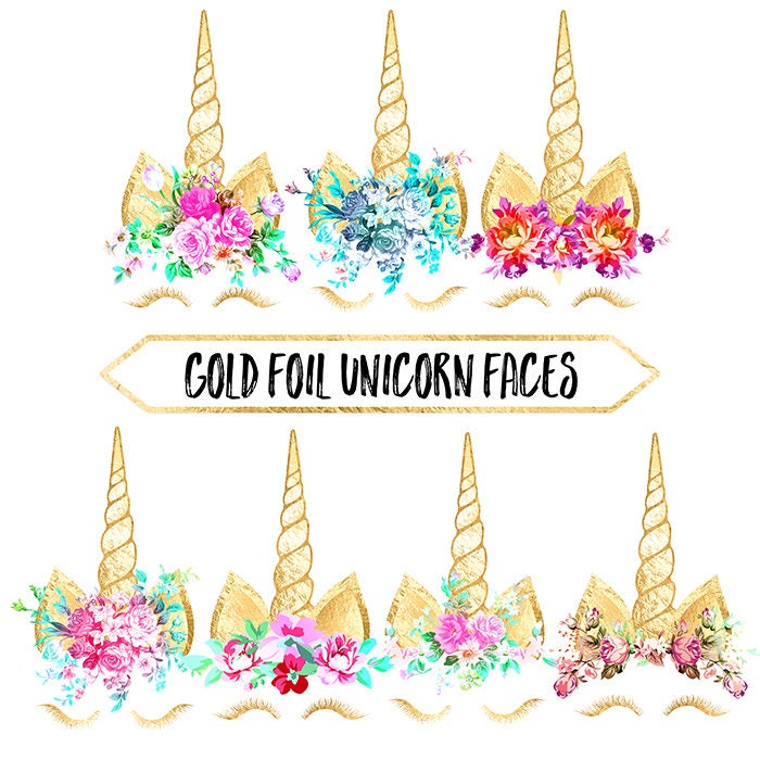 Unicorn Clipart Gold Foil Unicorn Face Rainbow Flowers Fairy - Etsy