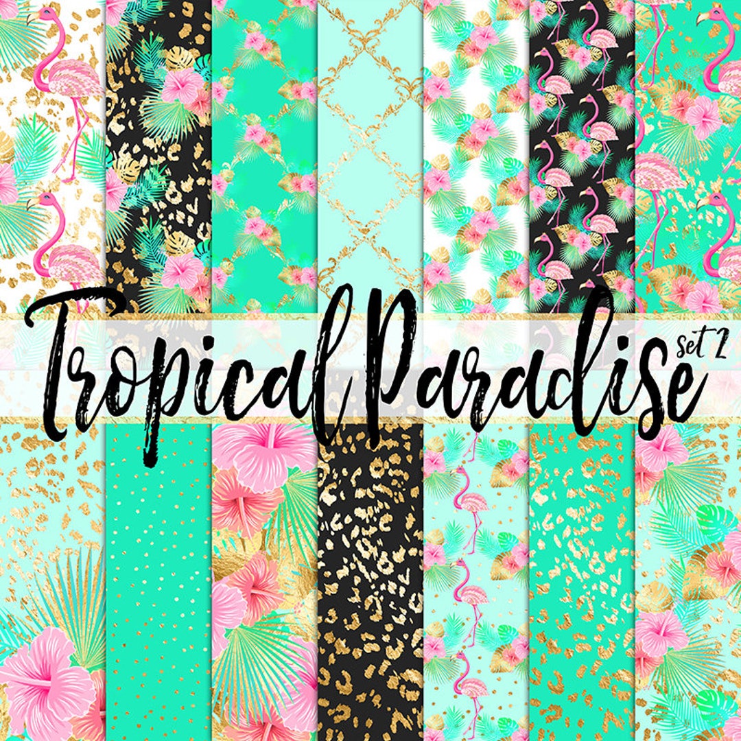 Tropical Digital Paper - Summer Flamingo Clipart Tropical Leaves ...