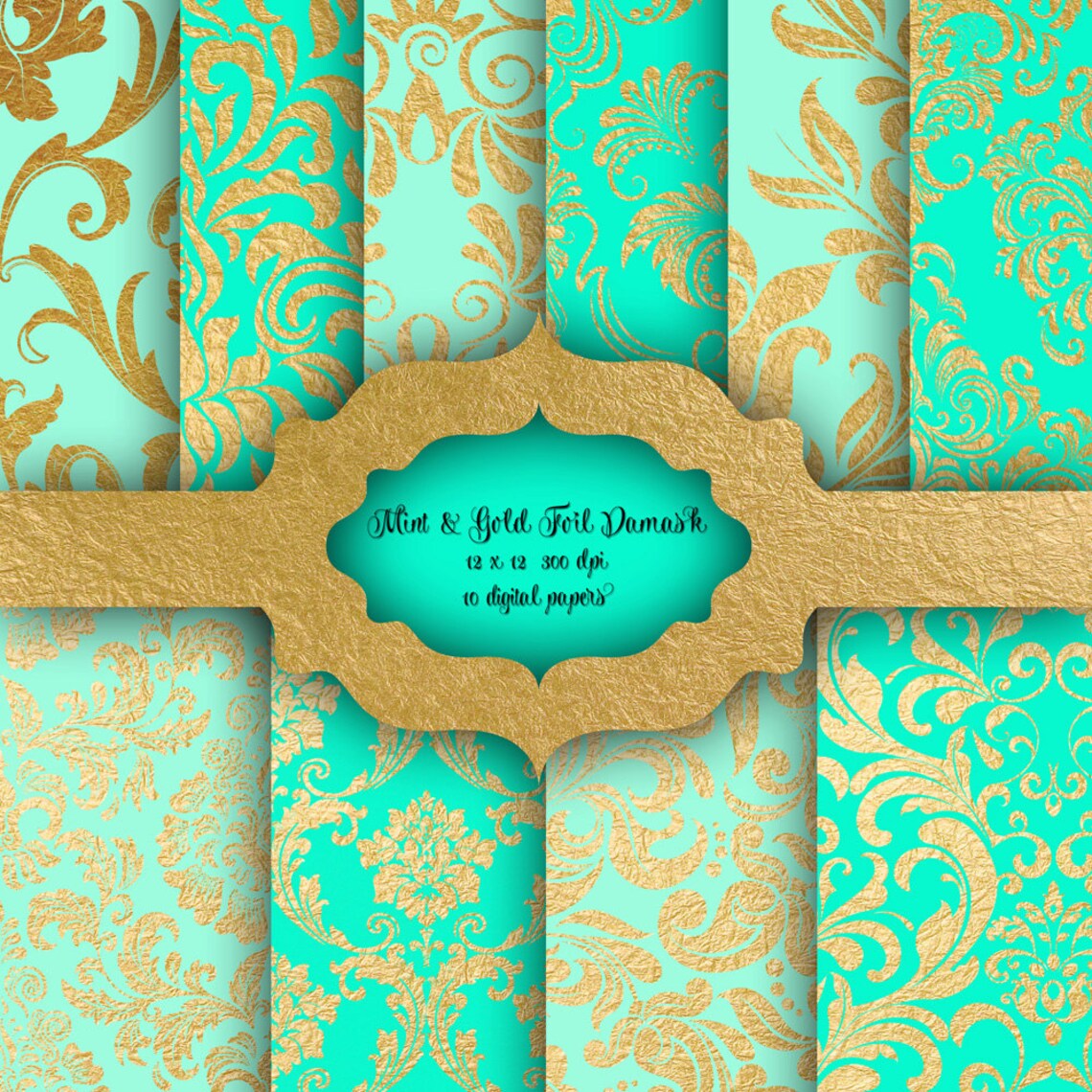 Mint & Gold Foil Damask Digital Paper Pack Floral Gold - Etsy