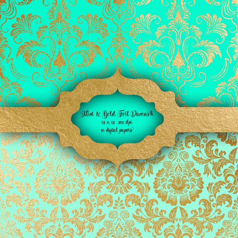 Mint & Gold Foil Damask Digital Paper Pack Floral Gold - Etsy
