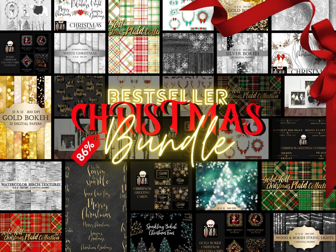 Christmas Bundle: 120 Graphics, Digital Papers, Clipart, Canva Template ...