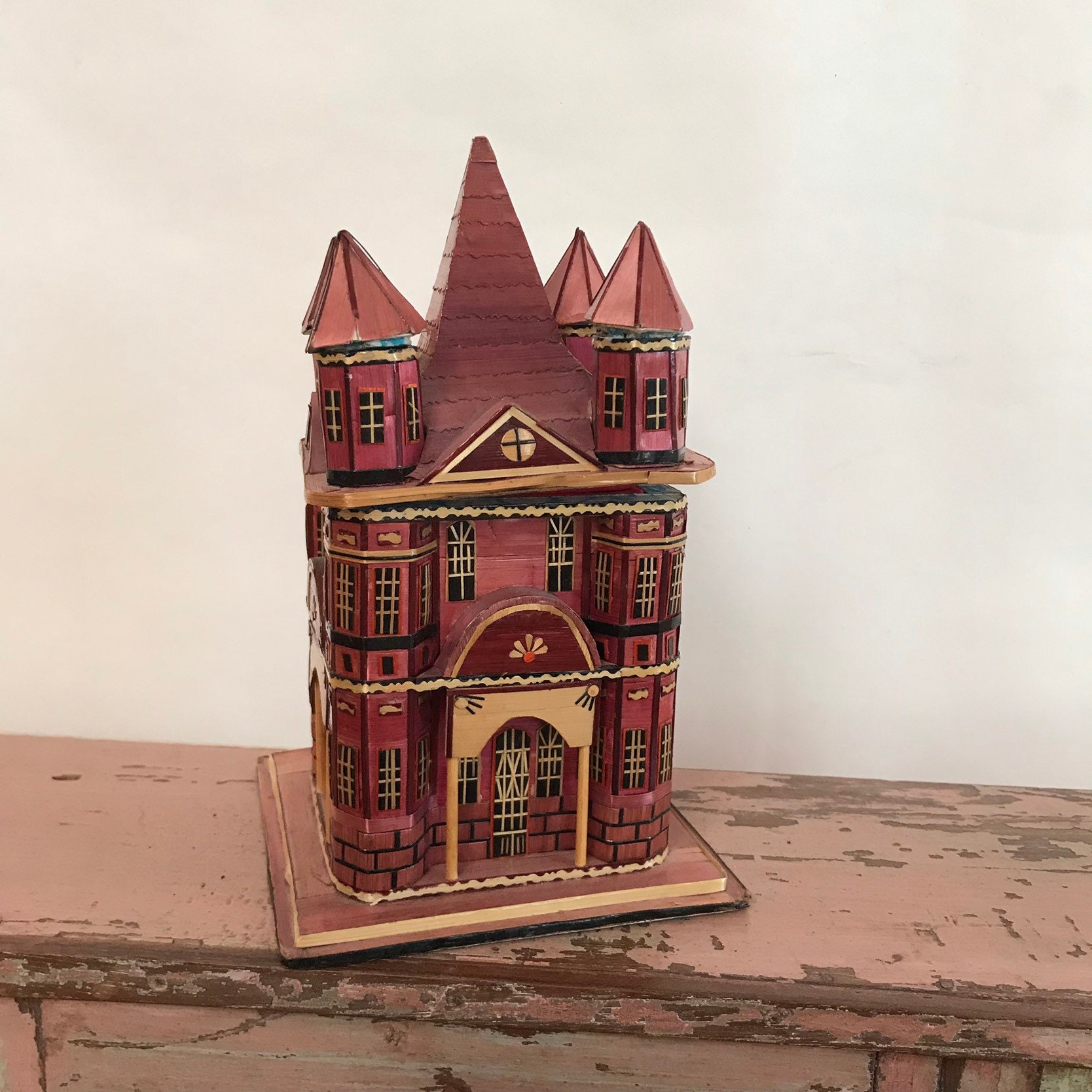 Vintage Trinket Box House Straw Marquetry Box Castle Trinket Box With ...