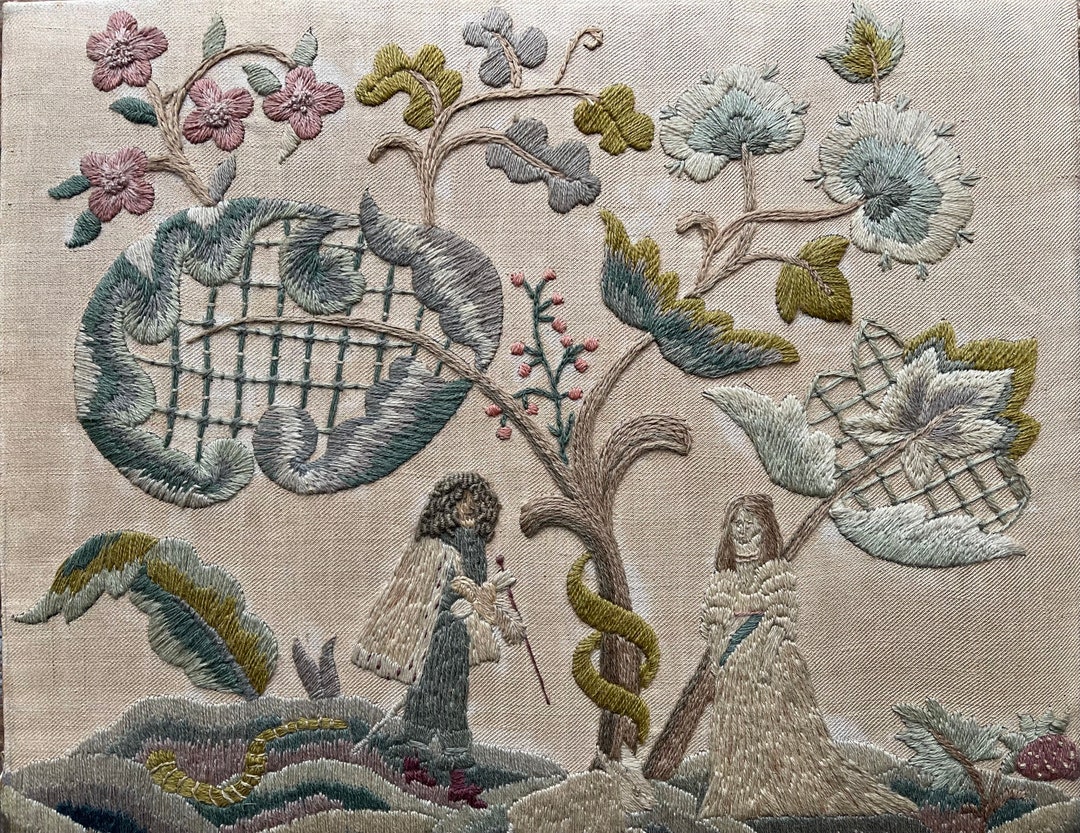 Arts and Crafts Embroidery Adam & Eve Jacobean Revival Antique ...
