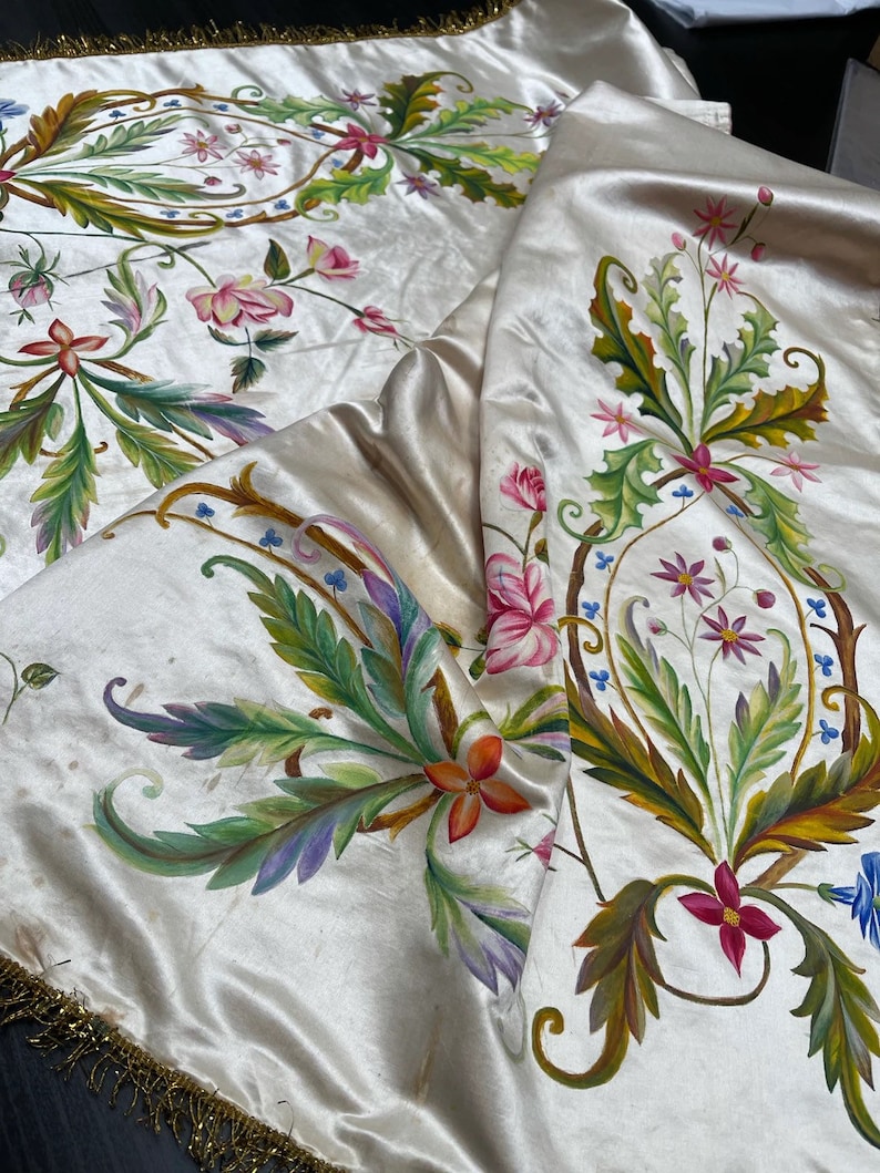 Handmade Painted Silk Panels French Antique Textile Vintage Home Decor ...