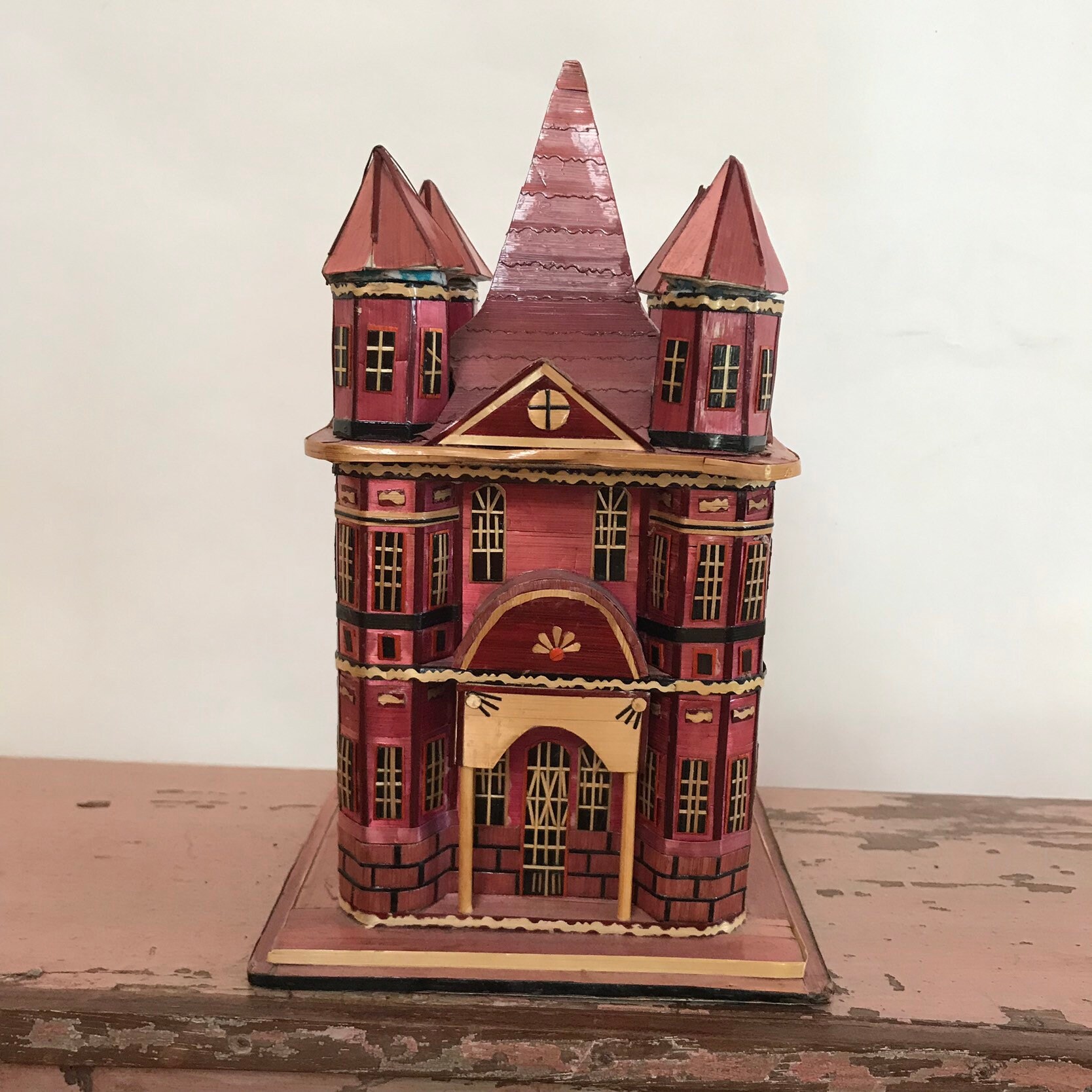 Vintage Trinket Box House Straw Marquetry Box Castle Trinket Box With ...