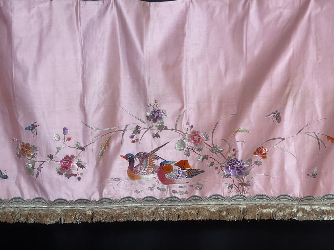 Antique Wall Hanging Fine Silk Embroidered Panel With Birds Flowers ...