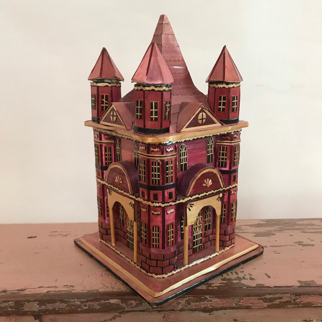 Vintage Trinket Box House Straw Marquetry Box Castle Trinket Box With ...
