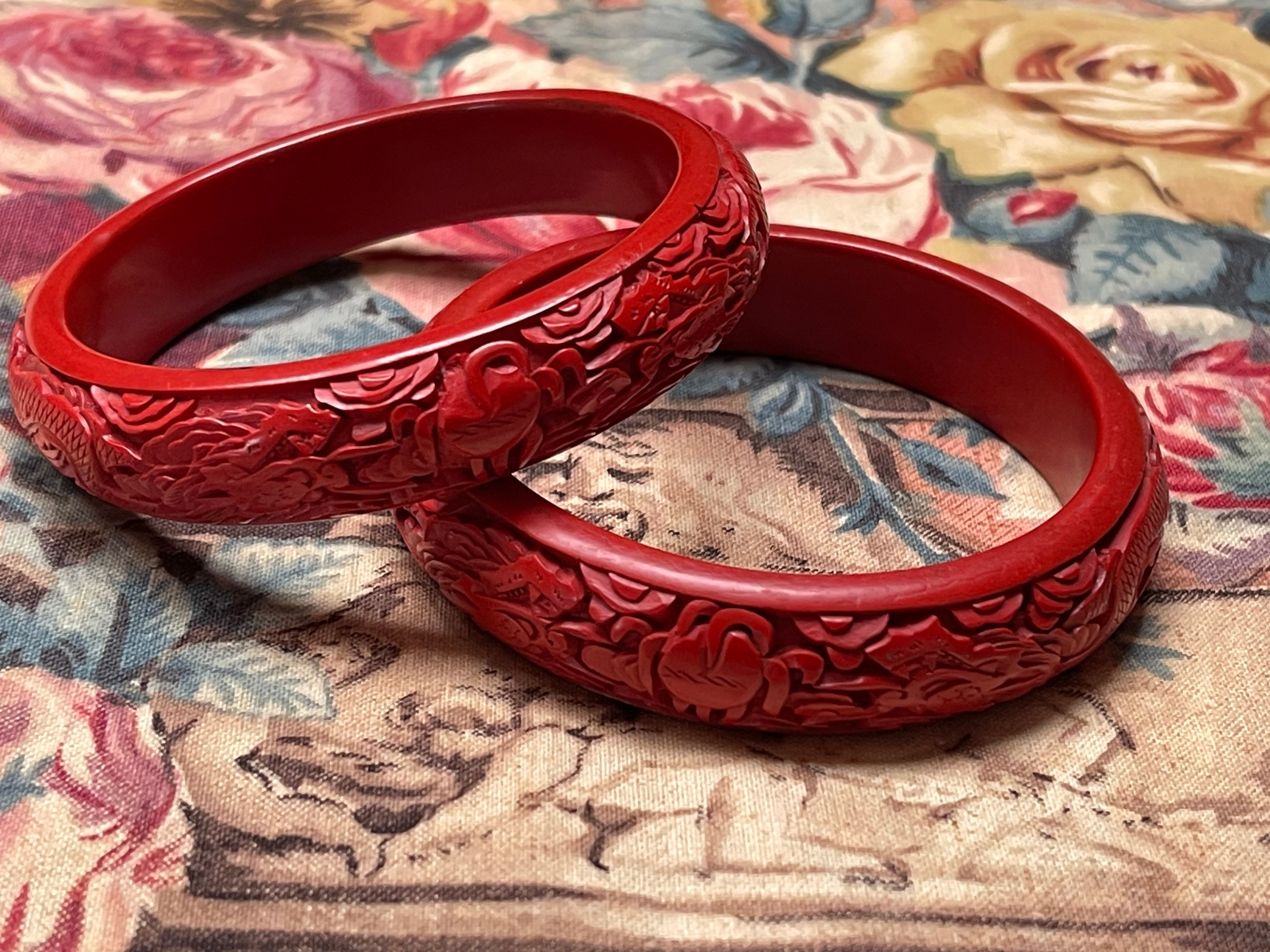 Pair Antique Cinnabar Bracelets Collectable Carved Cinnabar Bracelets Turkey Red Bracelets ...
