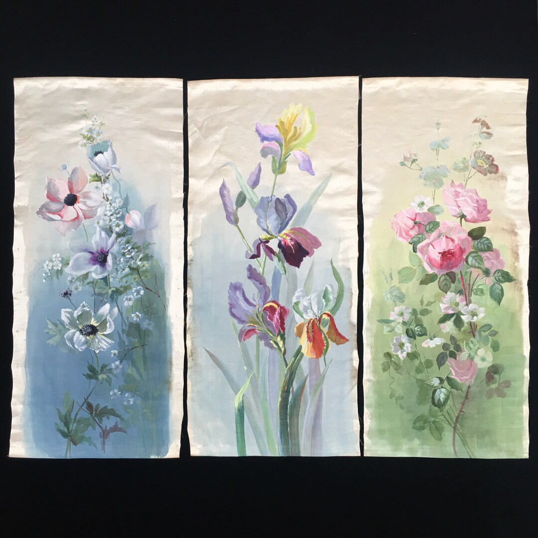 Three Antique Hand Painted Silk Panels Flowers Floral Decorative ...