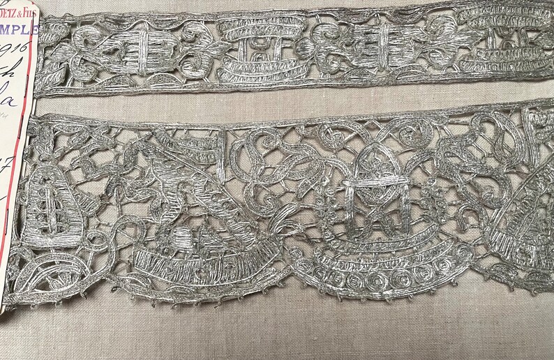 Silver Lamé Lace Samples: 19th Century Textile With Boat & Figure ...