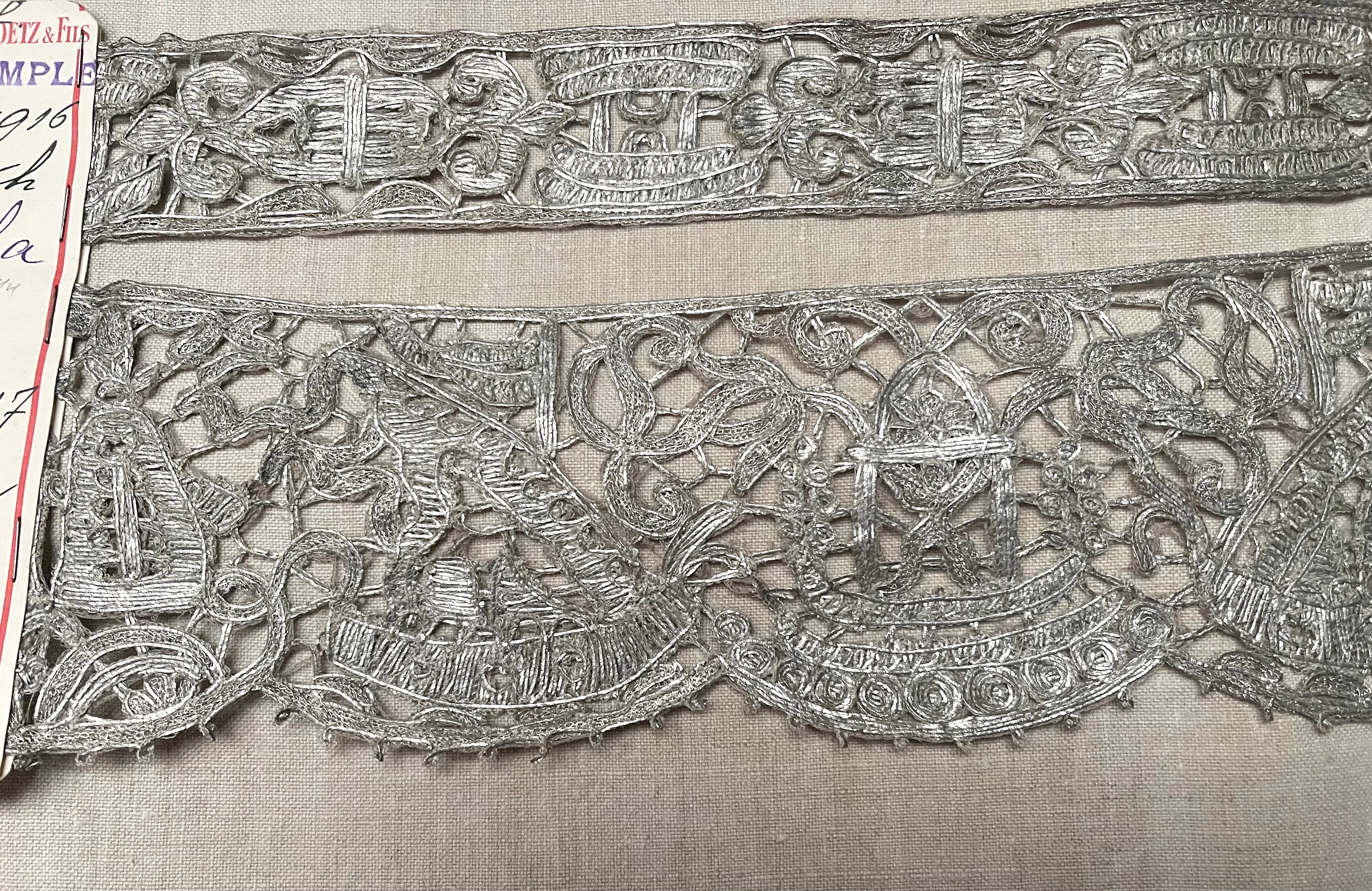 Silver Lamé Lace Samples: 19th Century Textile With Boat & Figure ...