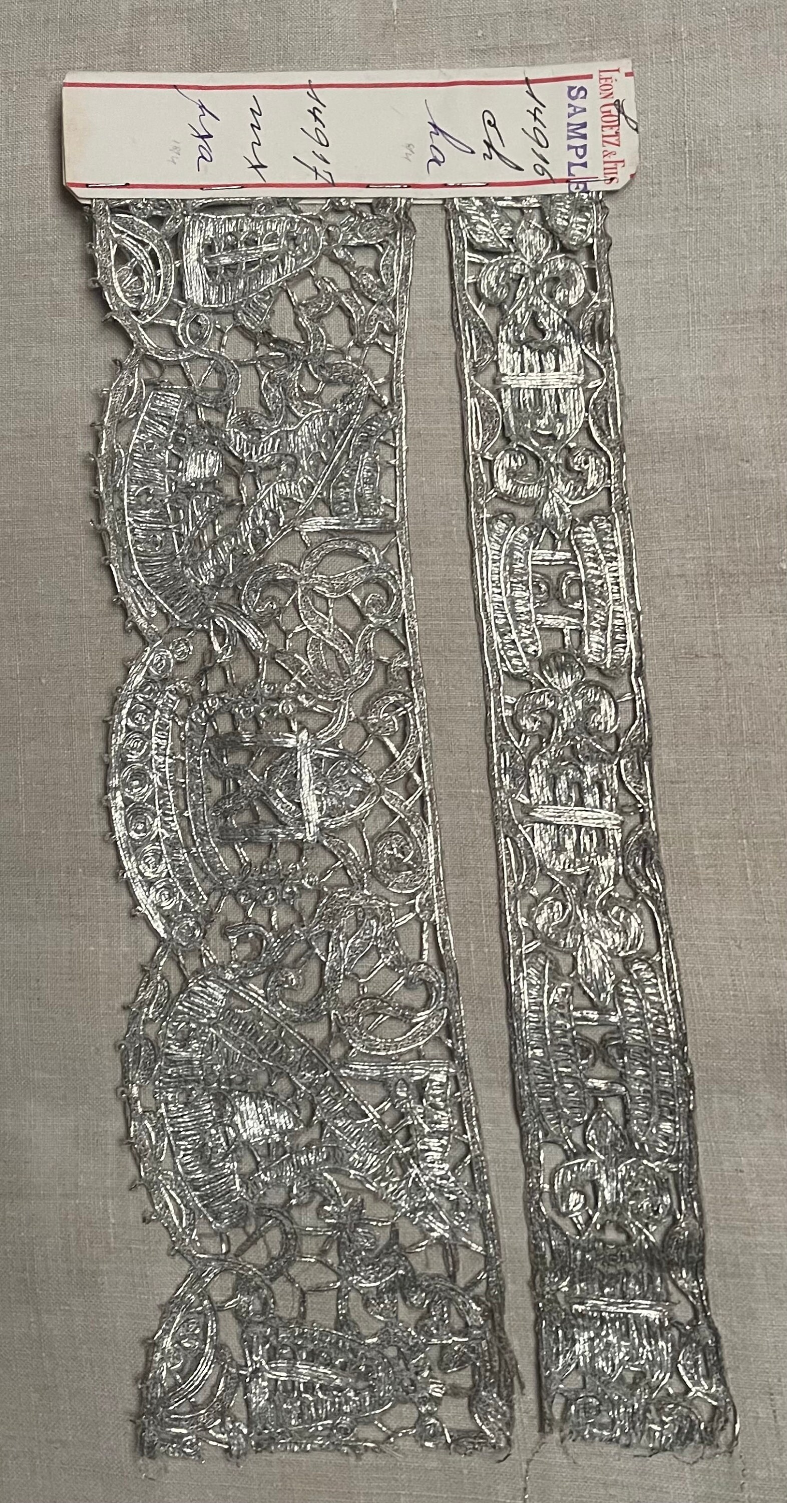 Silver Lamé Lace Samples: 19th Century Textile With Boat & Figure ...