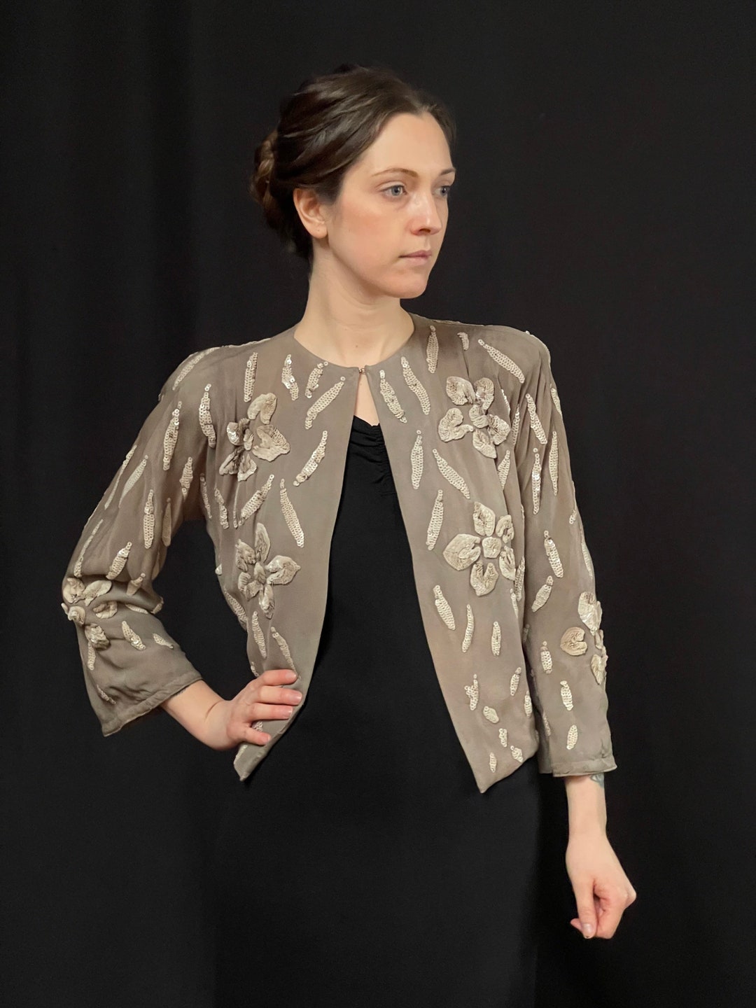 Vintage Dove Grey Silk Jacket 1930's Sequin Bolero Vintage Antique Coat ...