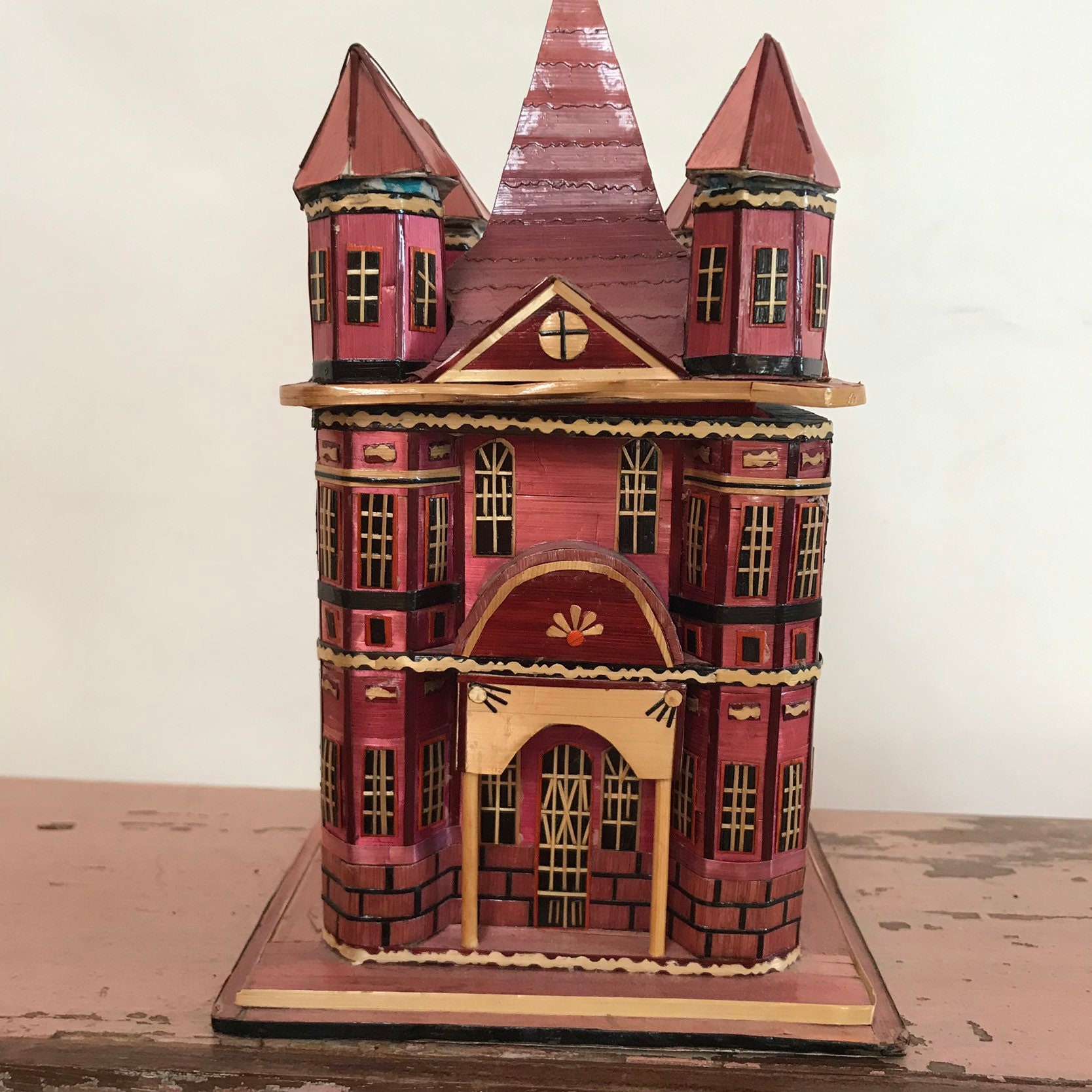Vintage Trinket Box House Straw Marquetry Box Castle Trinket Box With ...