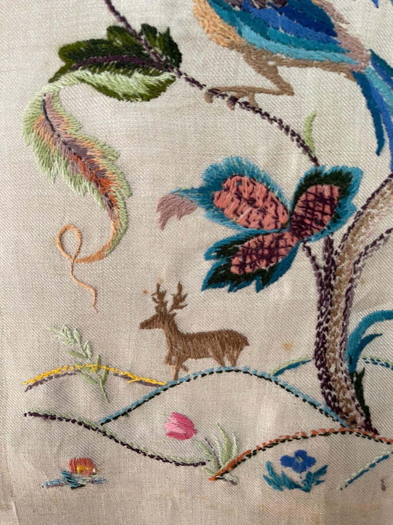 Arts and Crafts Tree of Life Embroidery Jacobean Revival Antique Crewelwork Embroidered Panel ...