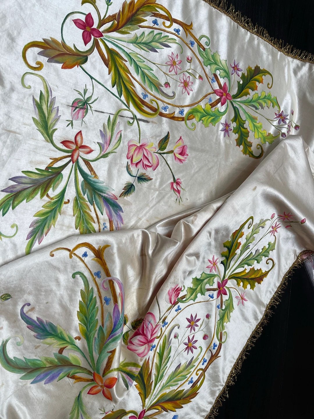 Handmade Painted Silk Panels French Antique Textile Vintage Home Decor ...