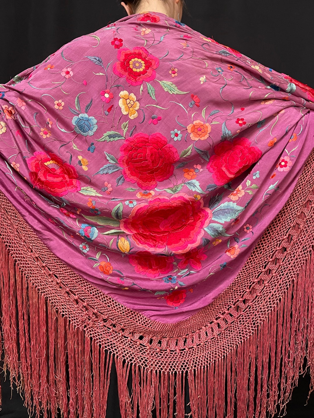 Silk Embroidered Antique Piano Shawl Canton Shawl Fringe Wedding Mother ...