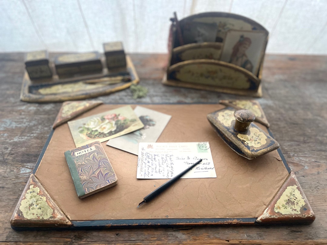 Reserved: Antique Desk Set Handpainted Wooden Desk Set Desk Accessories ...