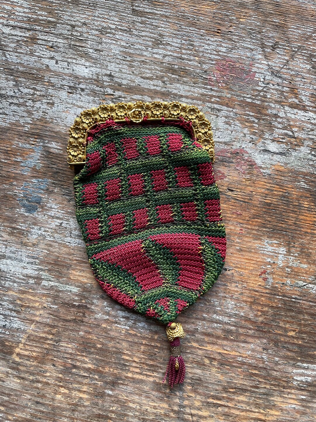 Antique Crochet Purse Gold Pink and Green Purse Turkish Purse ...