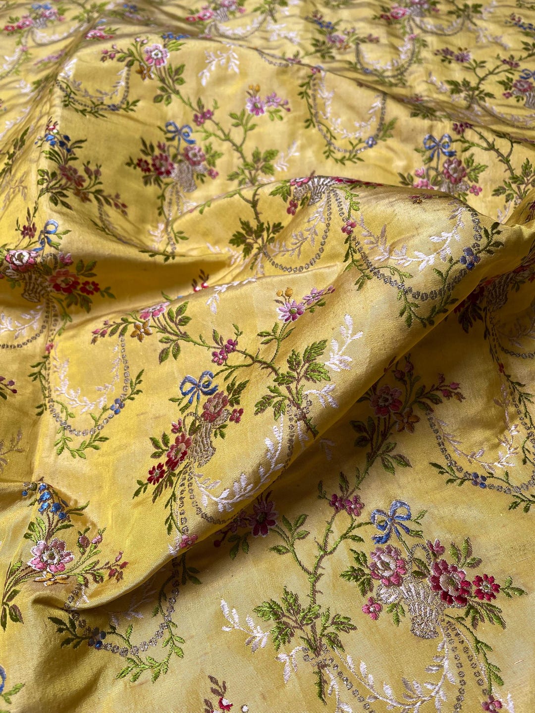 Antique Floral Silk Panel Europe Yellow Silk Brocade Interior Design ...