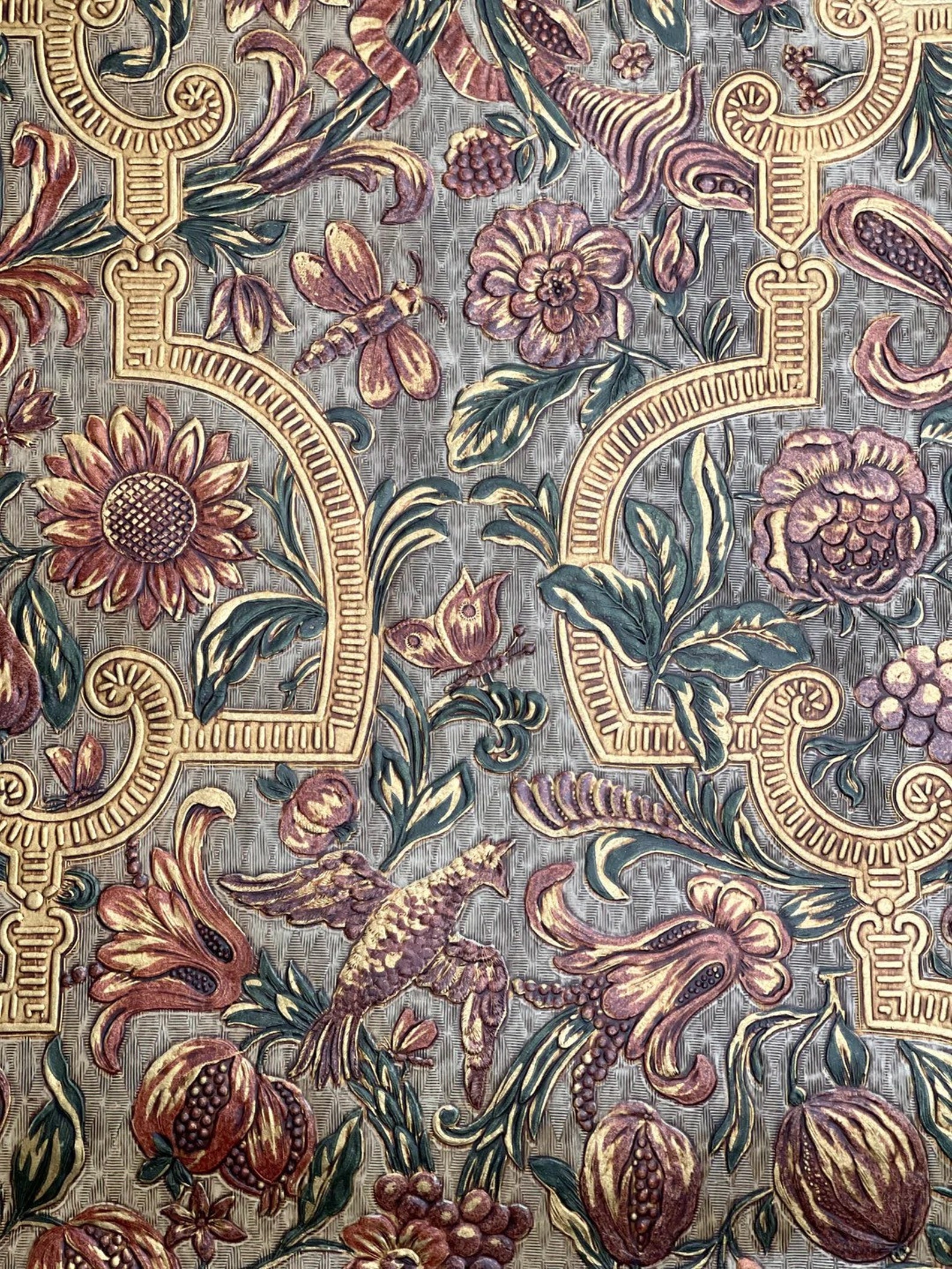 Hand Painted Embossed Antique Wallpaper Panel 19th Century Vintage Home ...