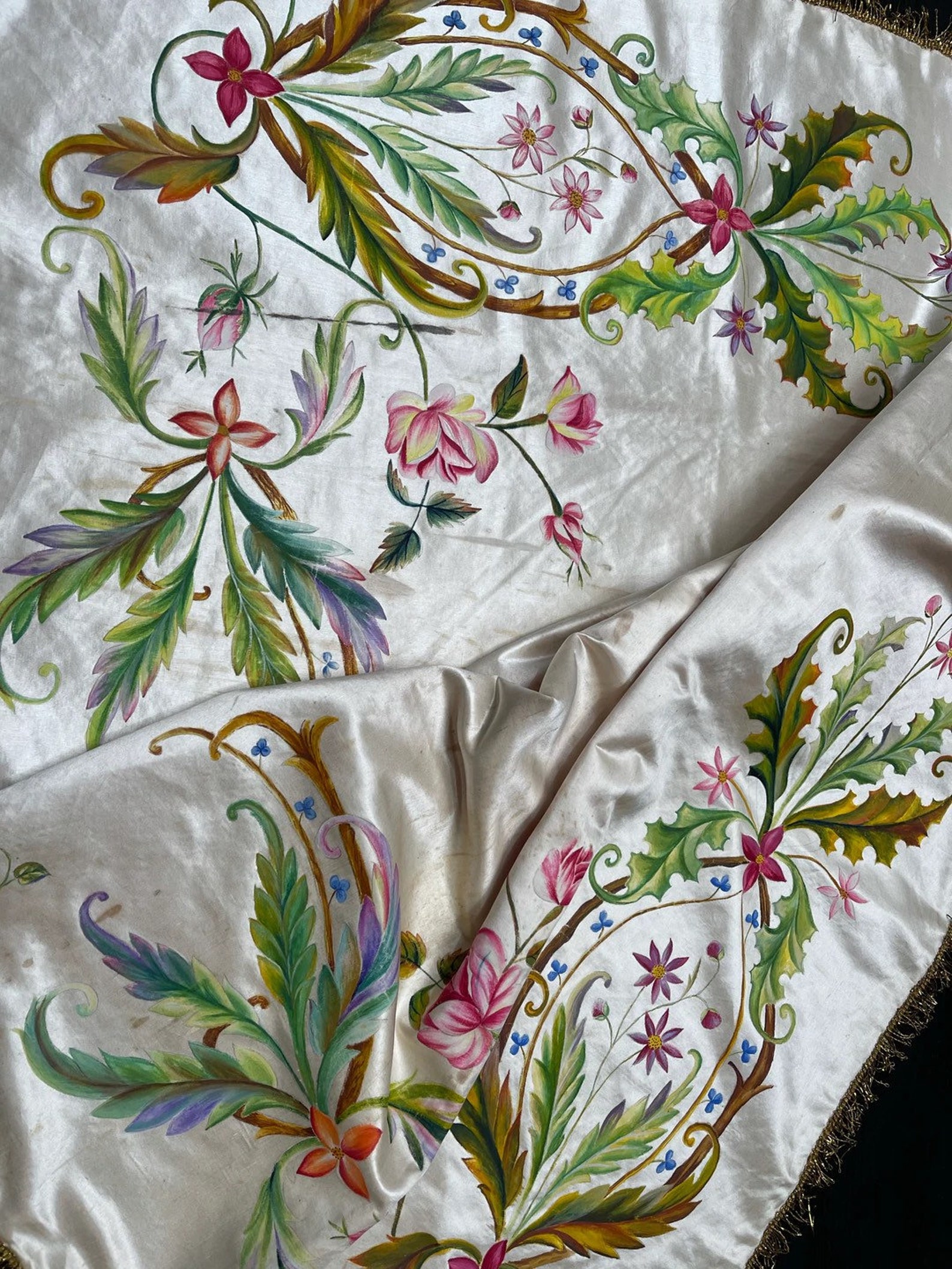 Handmade Painted Silk Panels French Antique Textile Vintage Home Decor ...