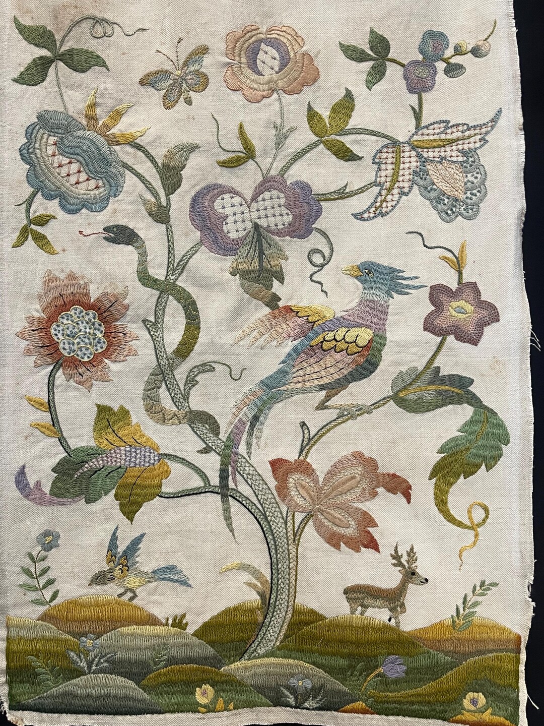 Arts and Crafts Tree of Life Embroidery Jacobean Revival Antique Crewelwork Embroidered Panel ...