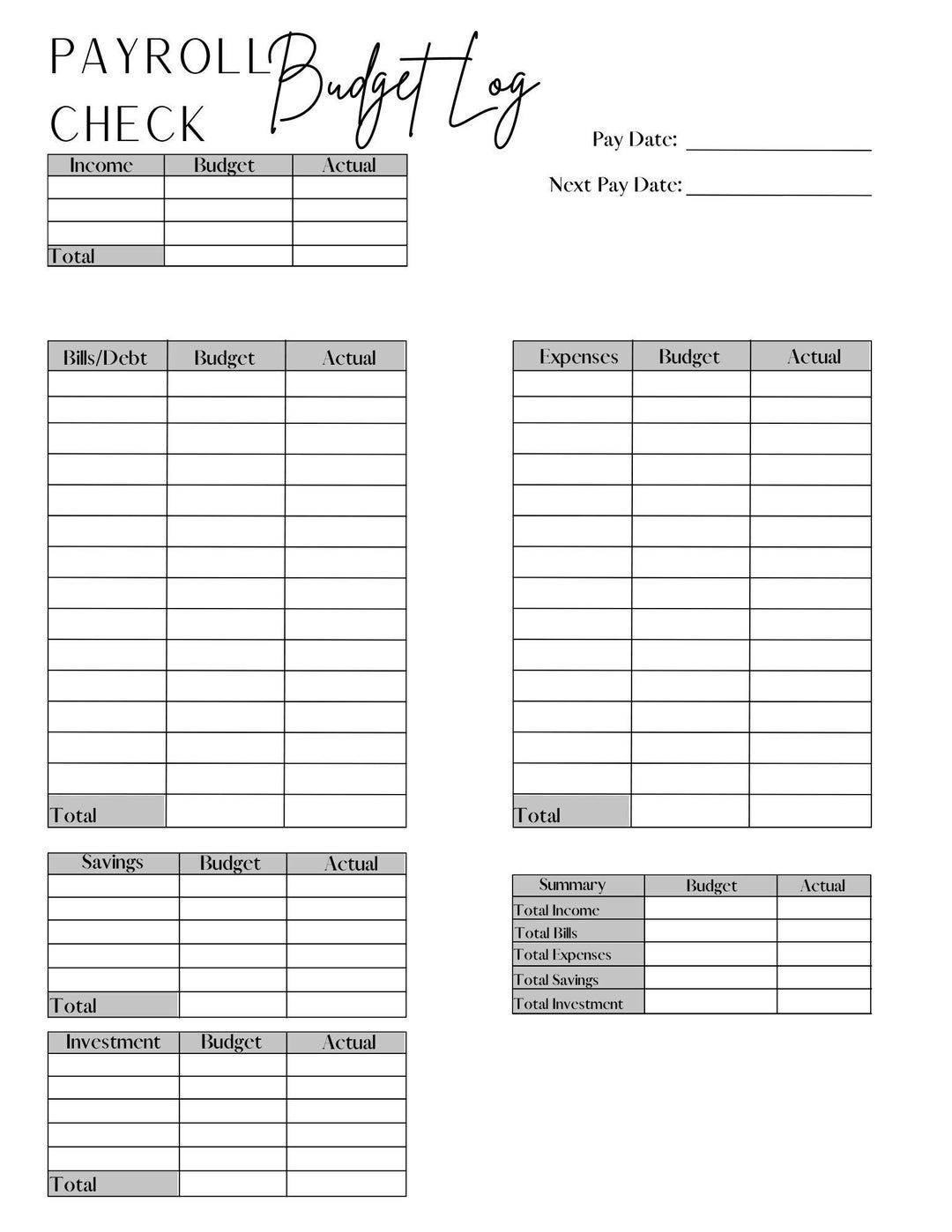 Payroll Check Budget Log - Etsy