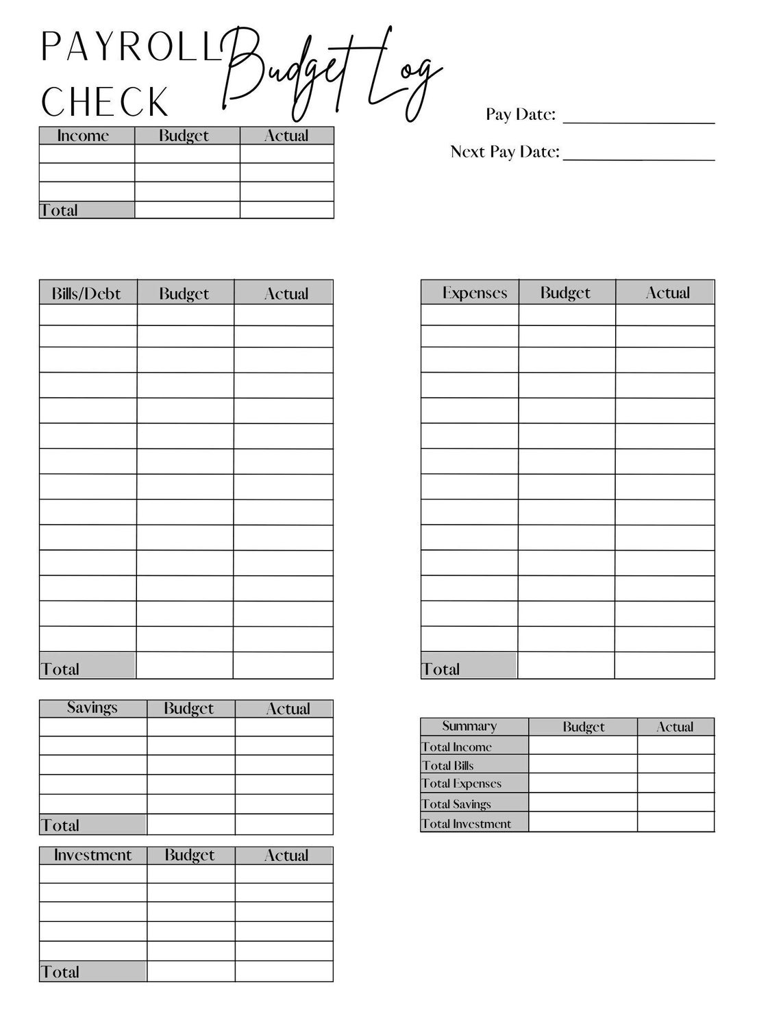 Payroll Check Budget Log - Etsy