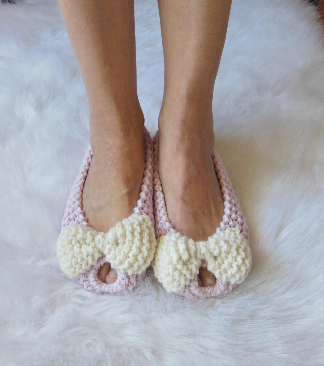 Light Pink Slippers, Beige Bow, COTTON Womens Slippers, Nonslip, House ...
