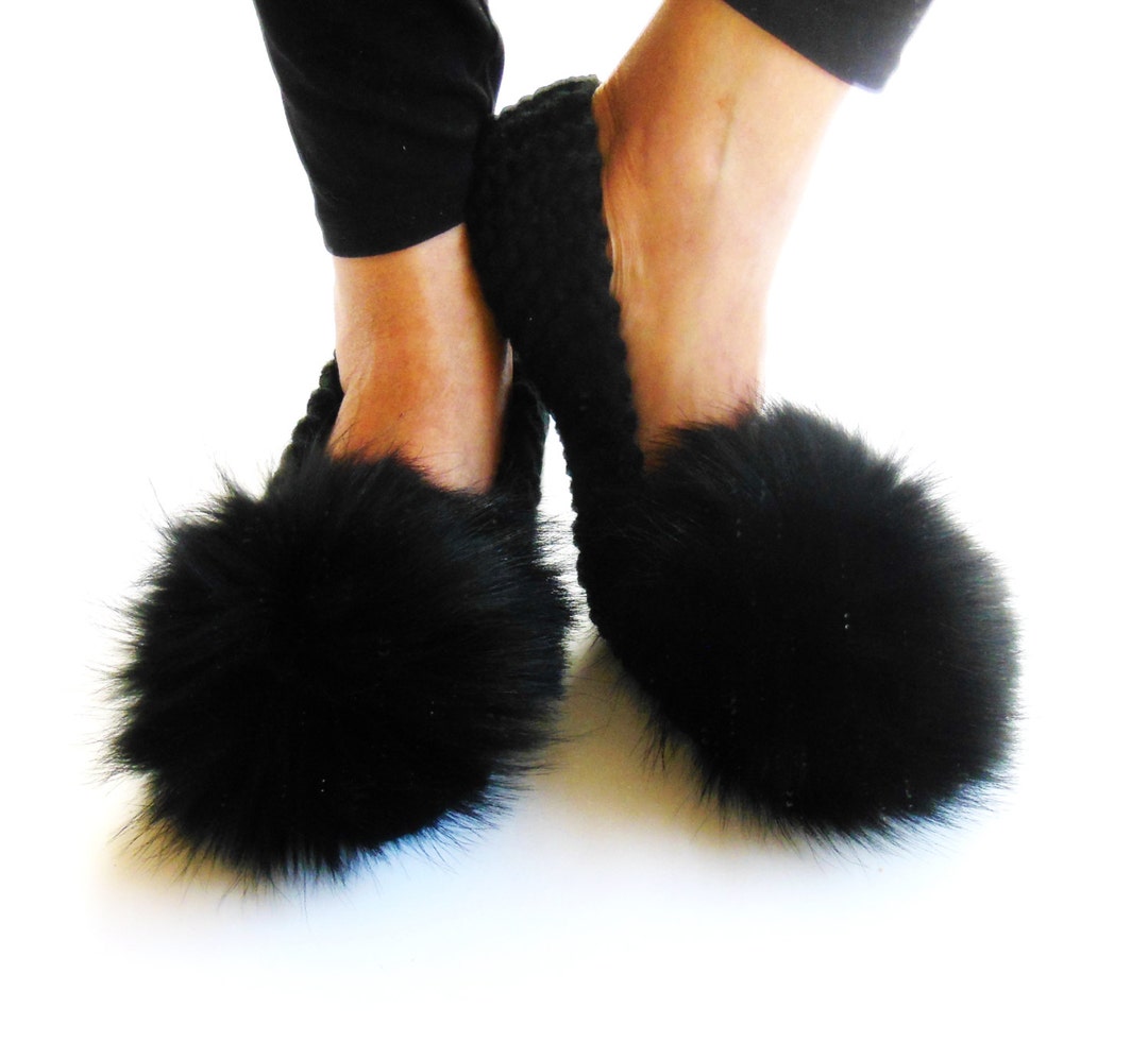 Furry Slippers, Black Slippers, Real Raccoon Fur, Huge Pom Poms, Wool ...