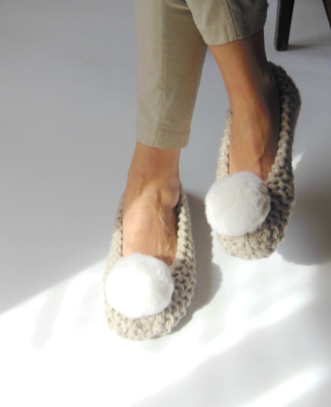Beige Chunky Slippers, Womens Slippers, Ballet Flats, Real or Faux Fur ...