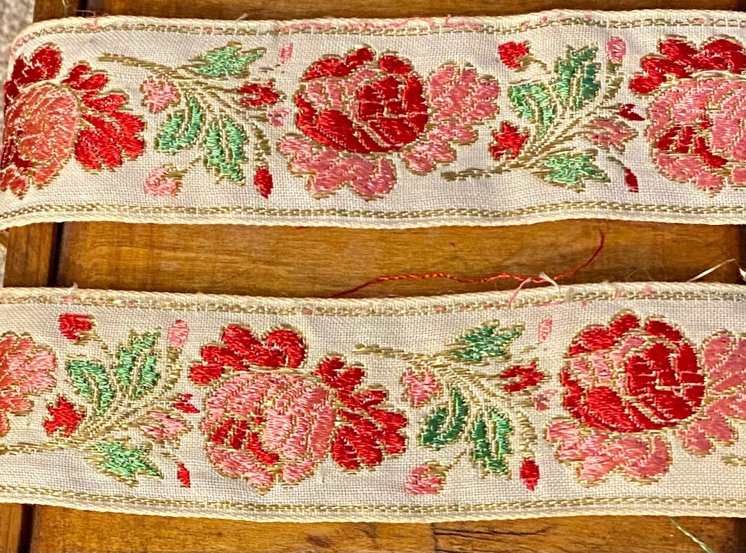Vintage Pink and Red Floral Gold Metallic Woven Ribbon - Etsy