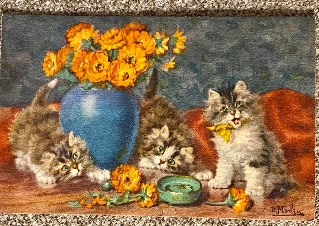 Antique Victorian Postcard 1900s. Artist Daniel Merlin. Kitten Cat Cats ...