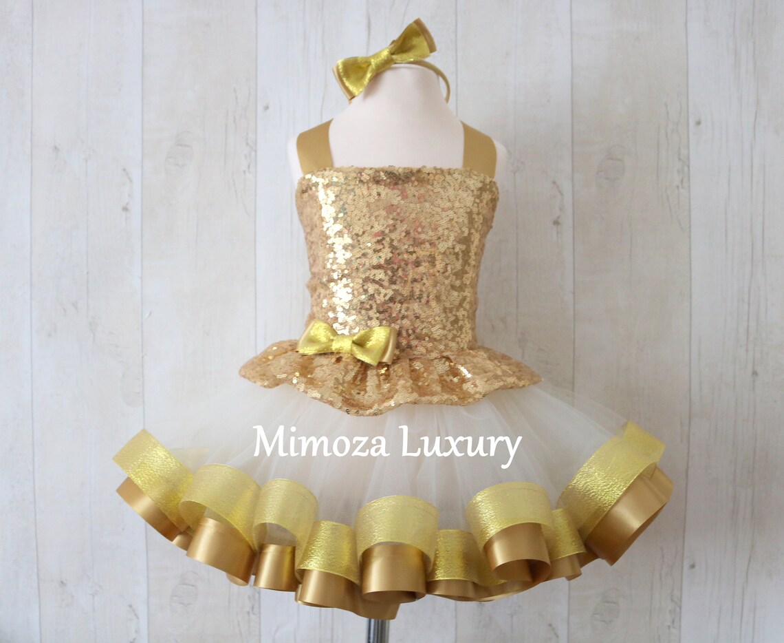Luxury Gold Birthday Outfit, Gold Girls Birthday Dress, Gold Baby Girl ...