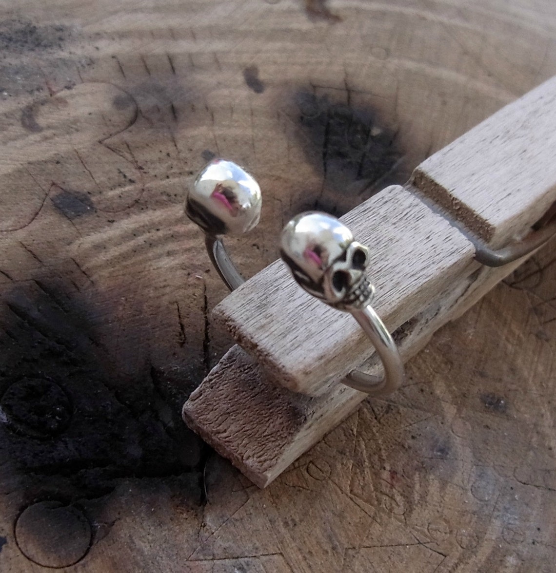 Skull Ring, Adjustable Ring, Open Ring, Double Balls Ring, Sterling ...