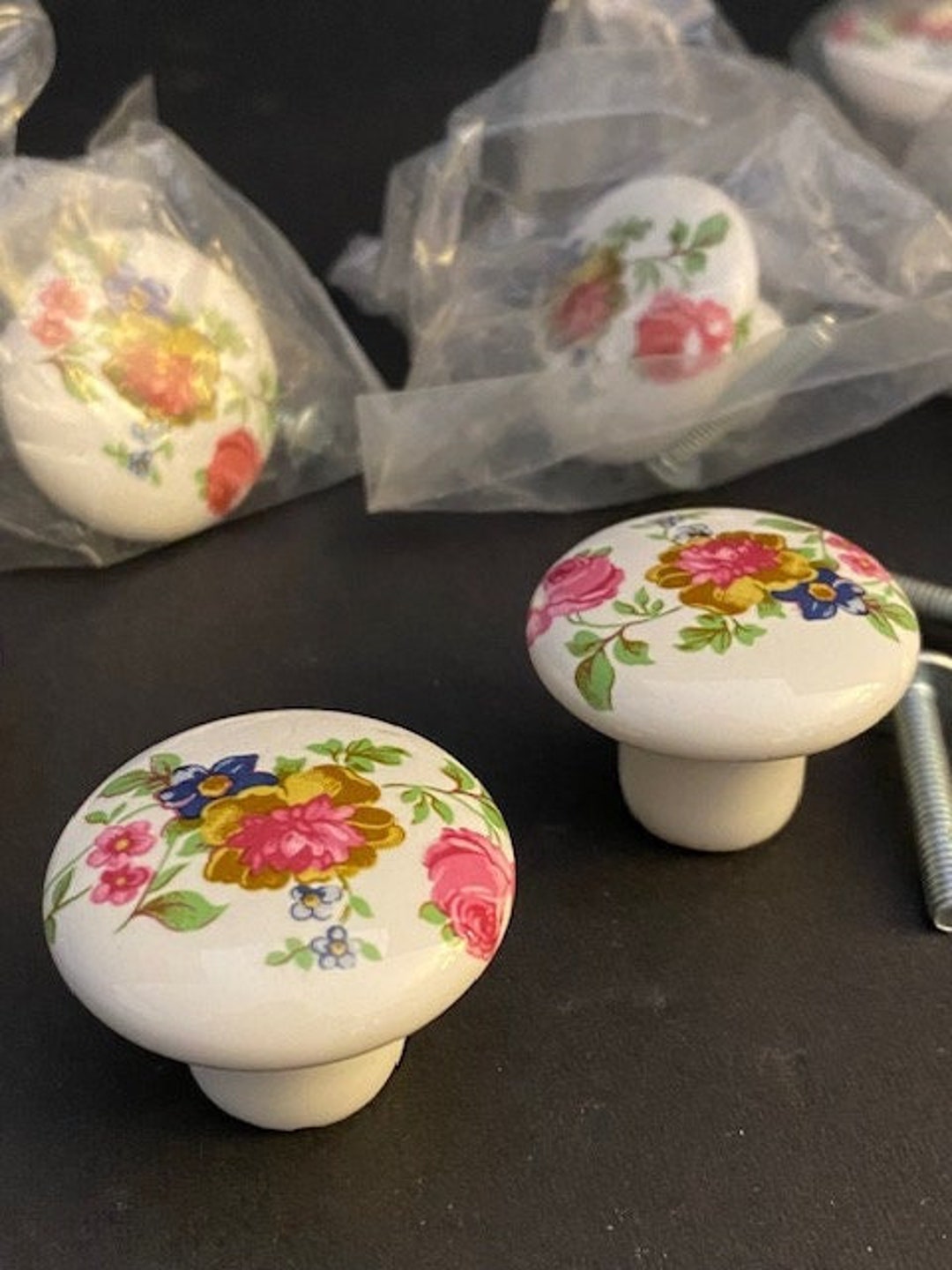 9 Porcelain Knobs, NOS Knobs, White Knobs, Porcelain Knobs With Flower, Porcelain Knobs, Flower ...