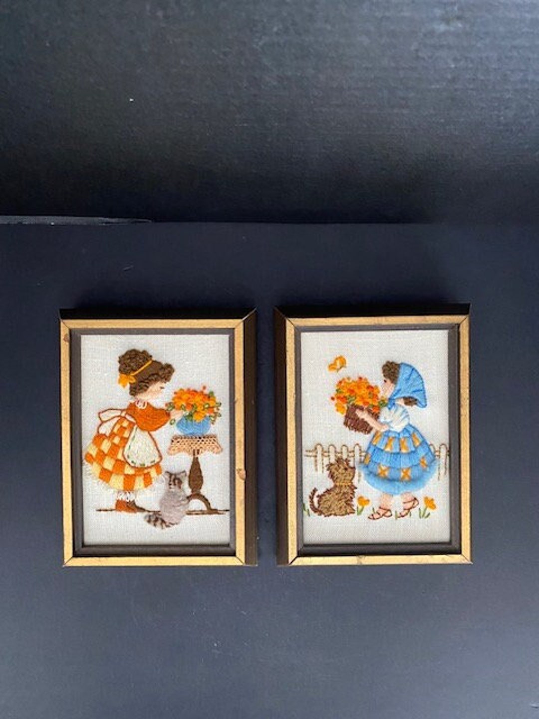 Vintage Needlepoint Pictures, Little Girl Decor Crewel Art, Vintage ...