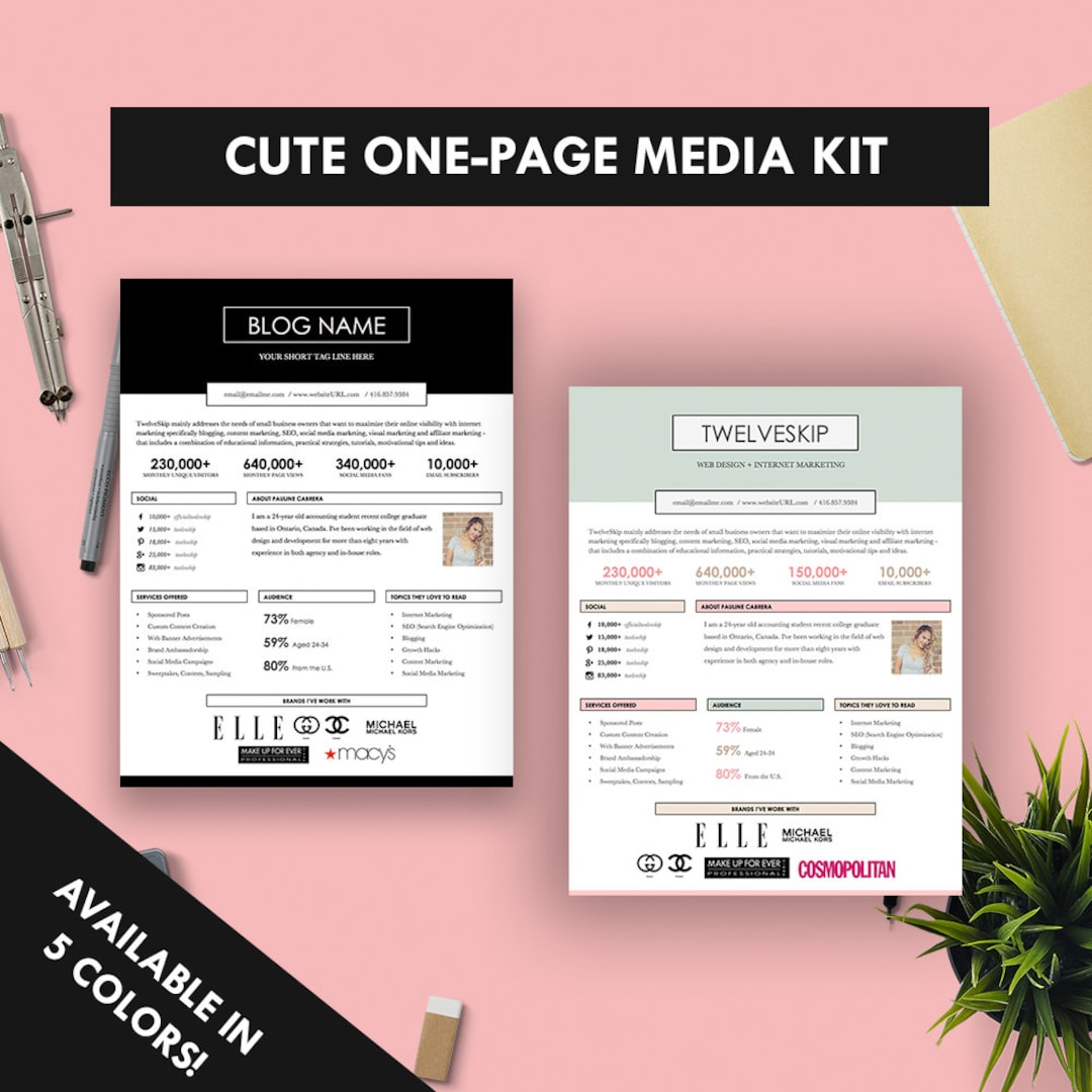 Cute One-page Media Kit Template, Press Kit (pastel + Black and White ...