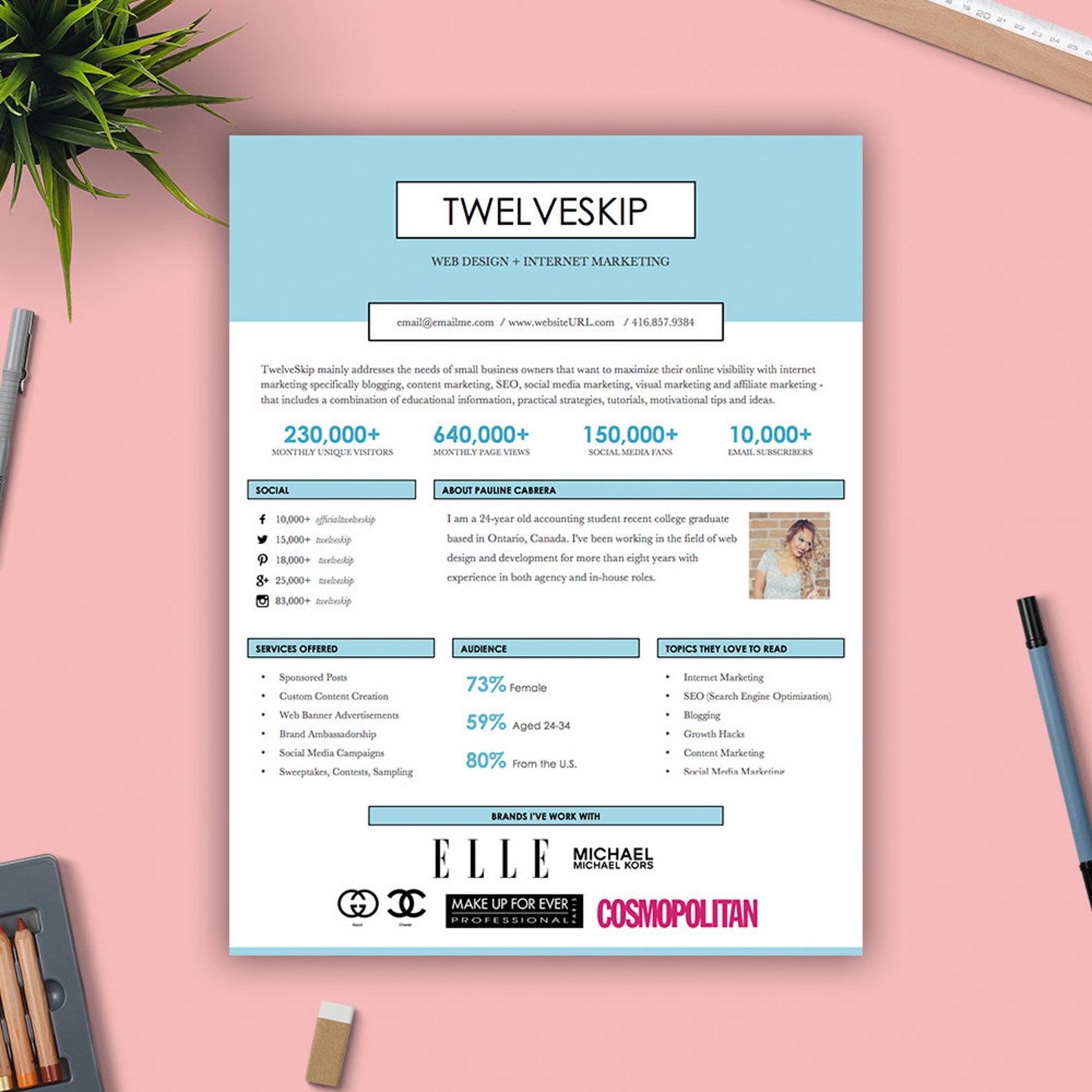 Cute One-page Media Kit Template, Press Kit (pastel + Black and White ...