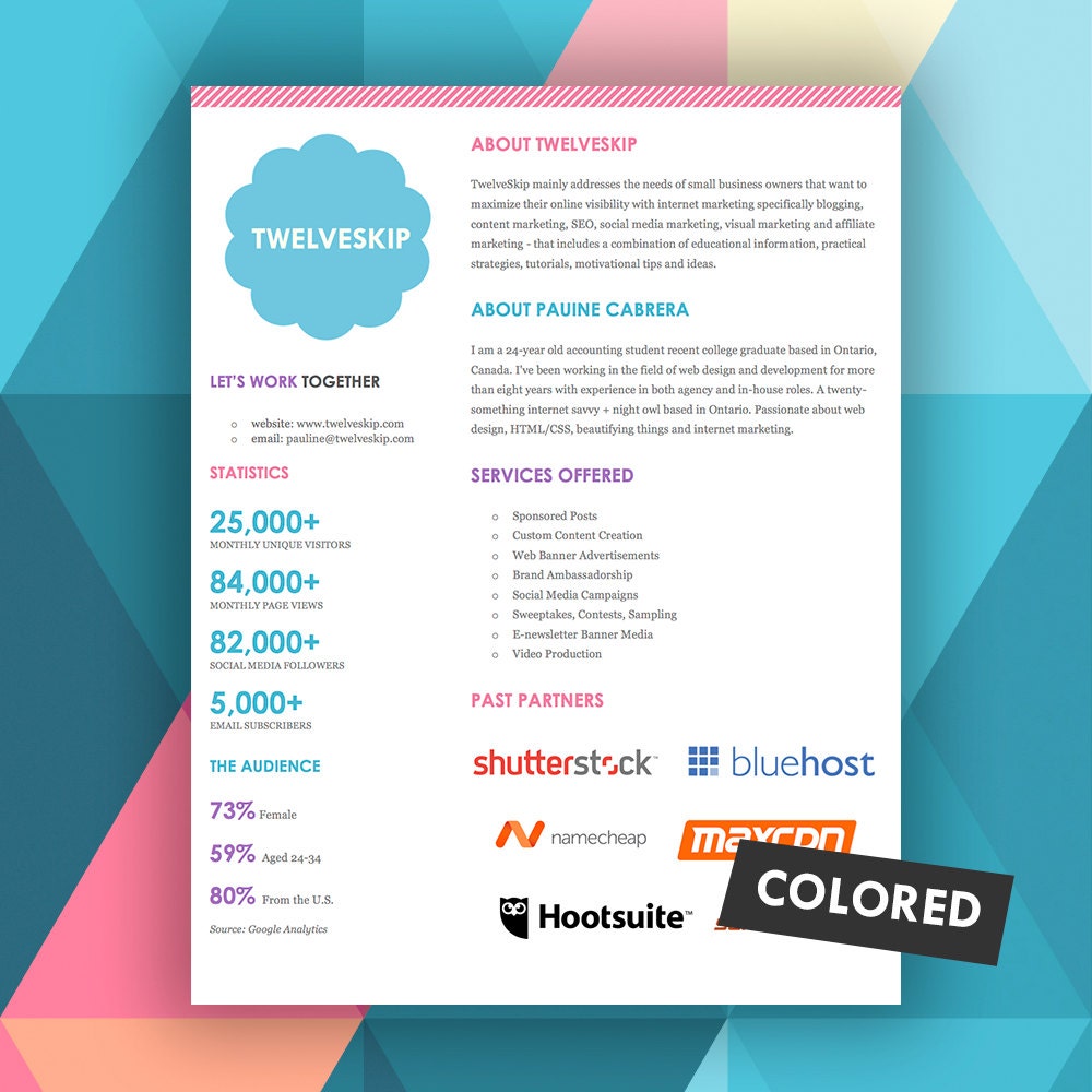 Quick One Page Media Kit Template, Press Kit, Media Kit, Pricing ...