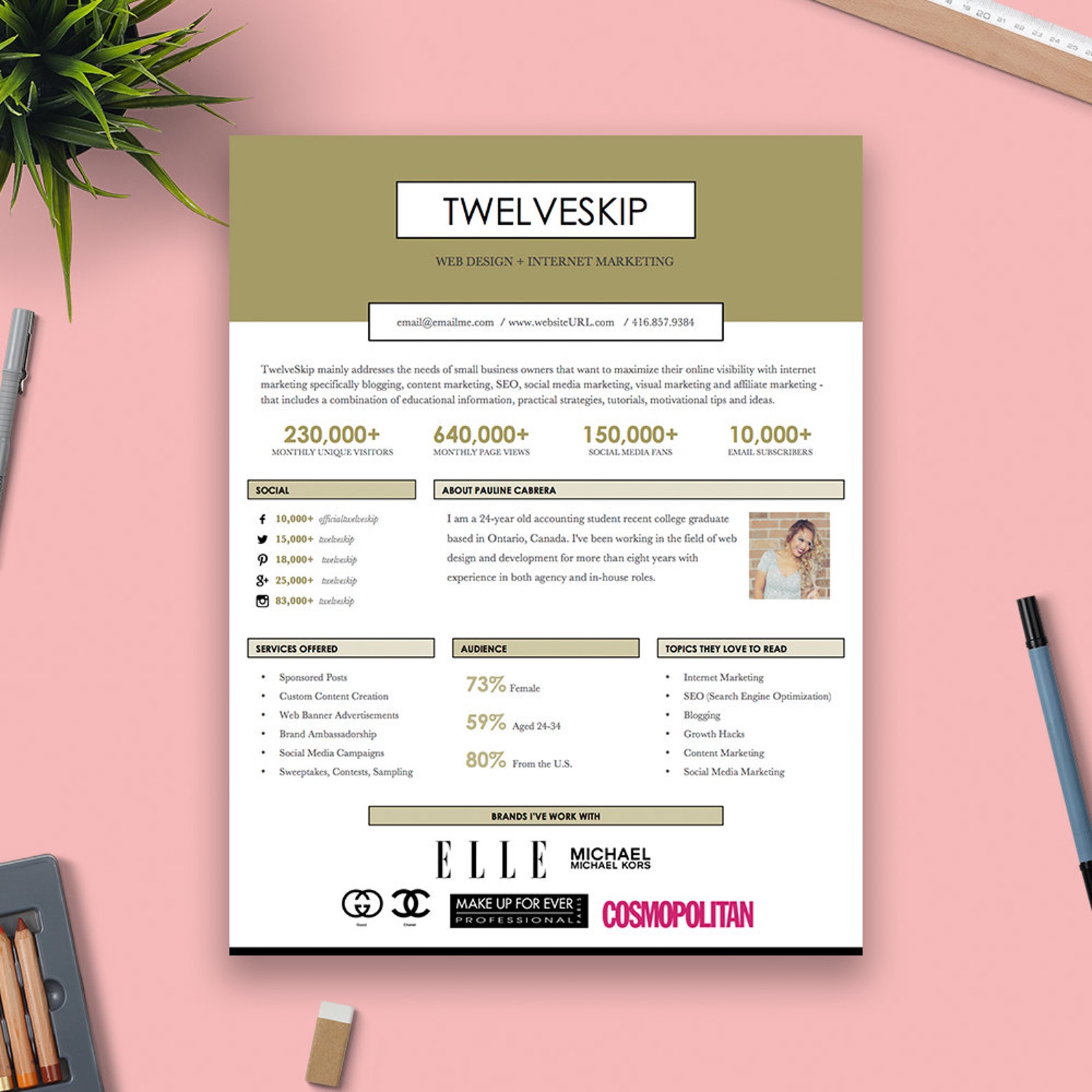 Cute One-page Media Kit Template, Press Kit (pastel + Black and White ...