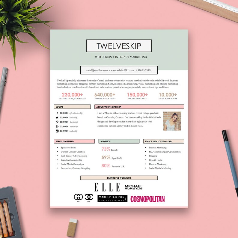 Cute One-page Media Kit Template, Press Kit (pastel + Black and White ...