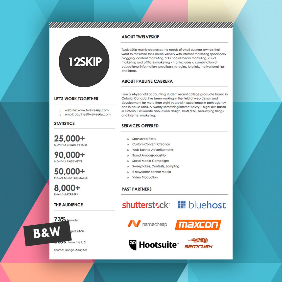 Quick One Page Media Kit Template, Press Kit, Media Kit, Pricing ...