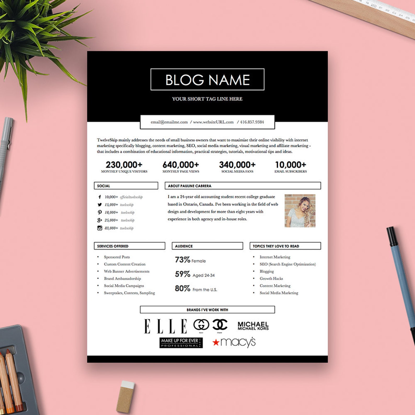 Cute One-page Media Kit Template, Press Kit (pastel + Black and White ...