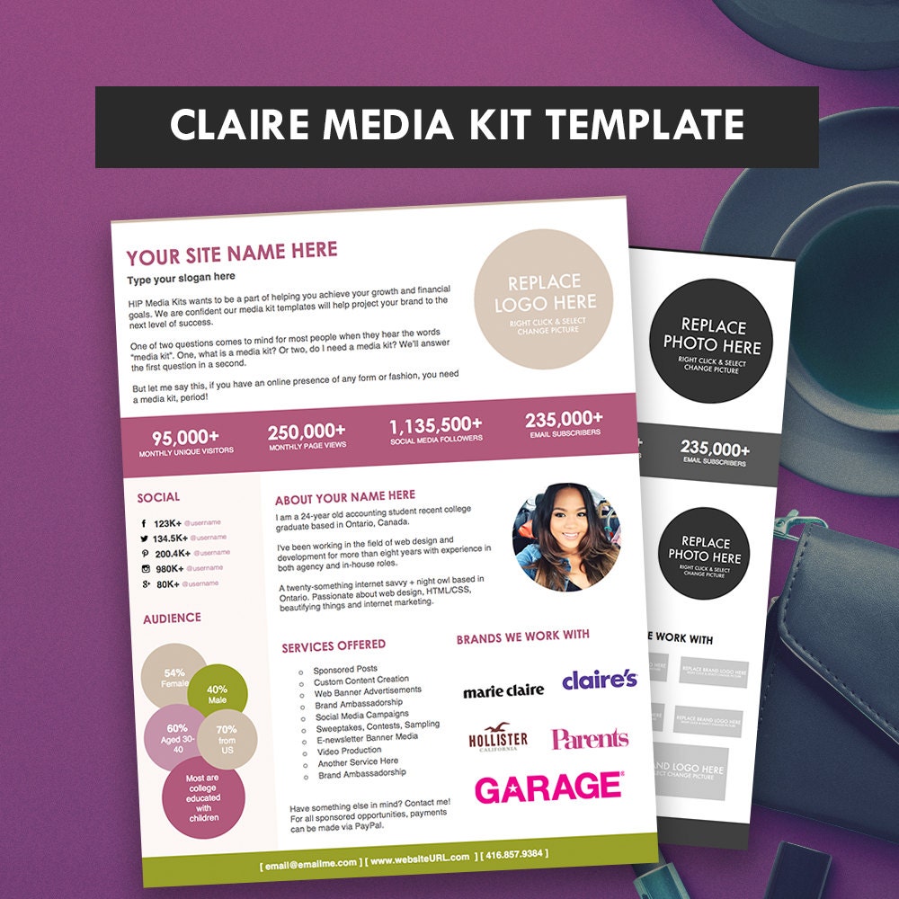 Media Kit Template CLAIRE, Press Kit, Pitch Kit, Blog Media Kit ...