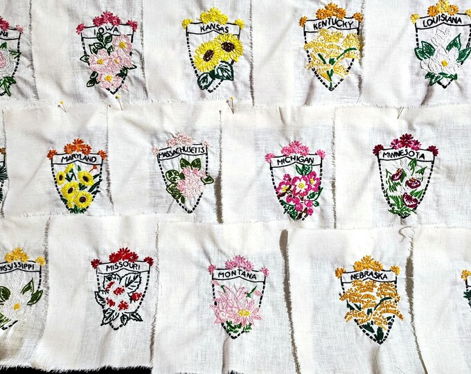 All 50 States, Vintage, Hand Embroidered State Flower Emblem Quilt ...