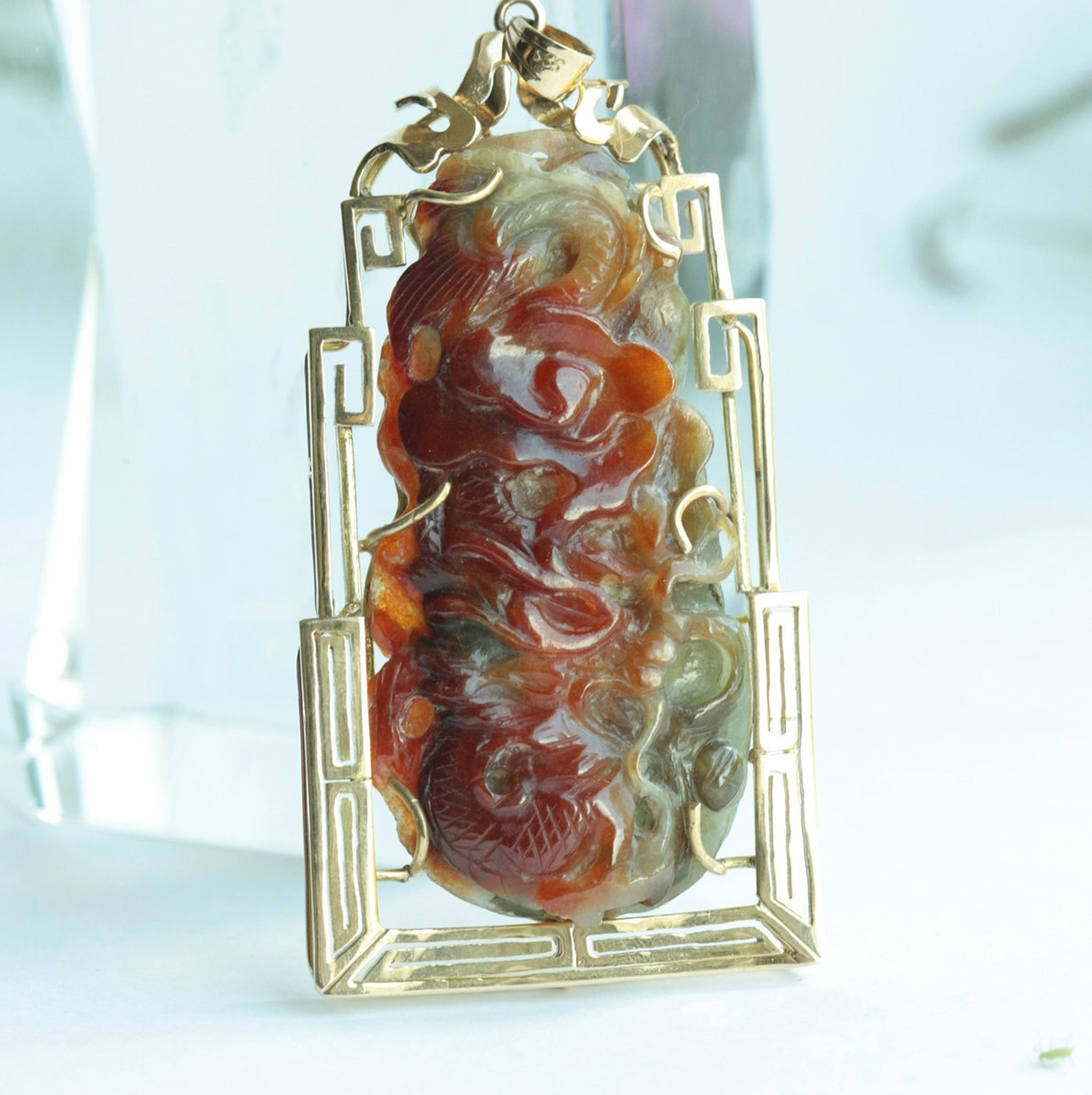 Hefty Vintage 14K Gold Large Red/green/beige Jadeite Jade - Etsy