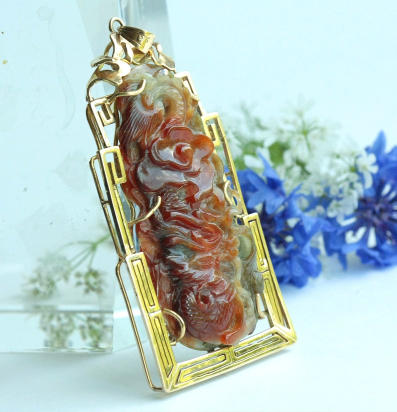 Hefty Vintage 14K Gold Large Red/green/beige Jadeite Jade Dragon ...